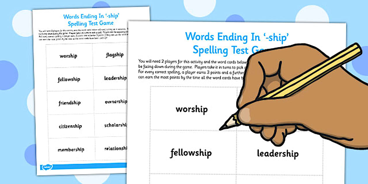 Black and White Words Ending in '-ship' Spelling Test Game