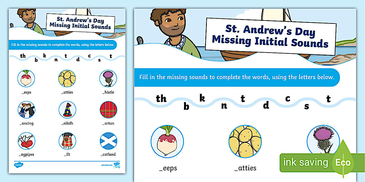 St. Andrew's Day Missing Initial Sounds Worksheet - Twinkl