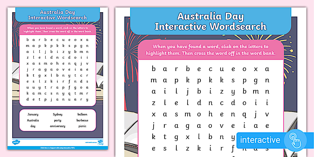Australia Day Interactive Word Search - Events - F-4