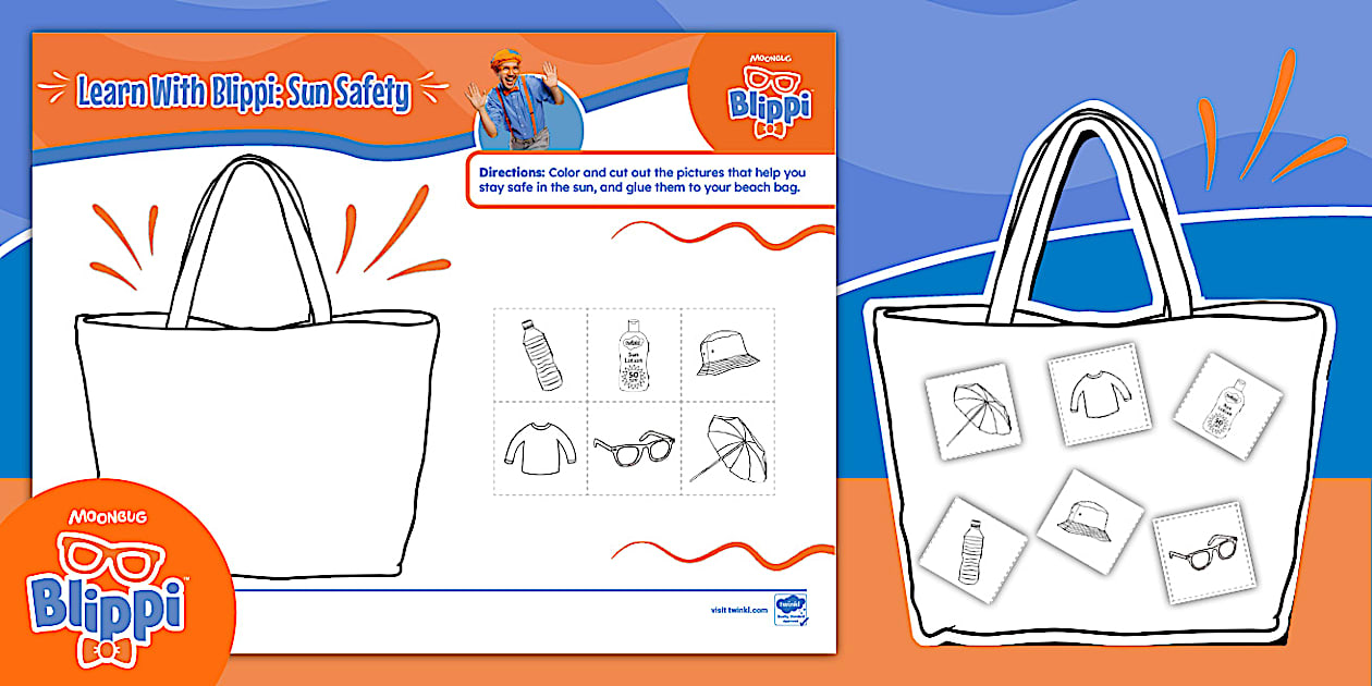 FREE! - Learn With Blippi: Sun Safety Cut and Paste Worksheet