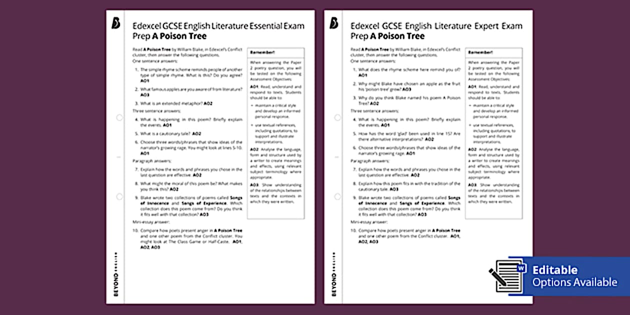 Edexcel GCSE Poetry Exam Prep - 'A Poison Tree' Worksheets