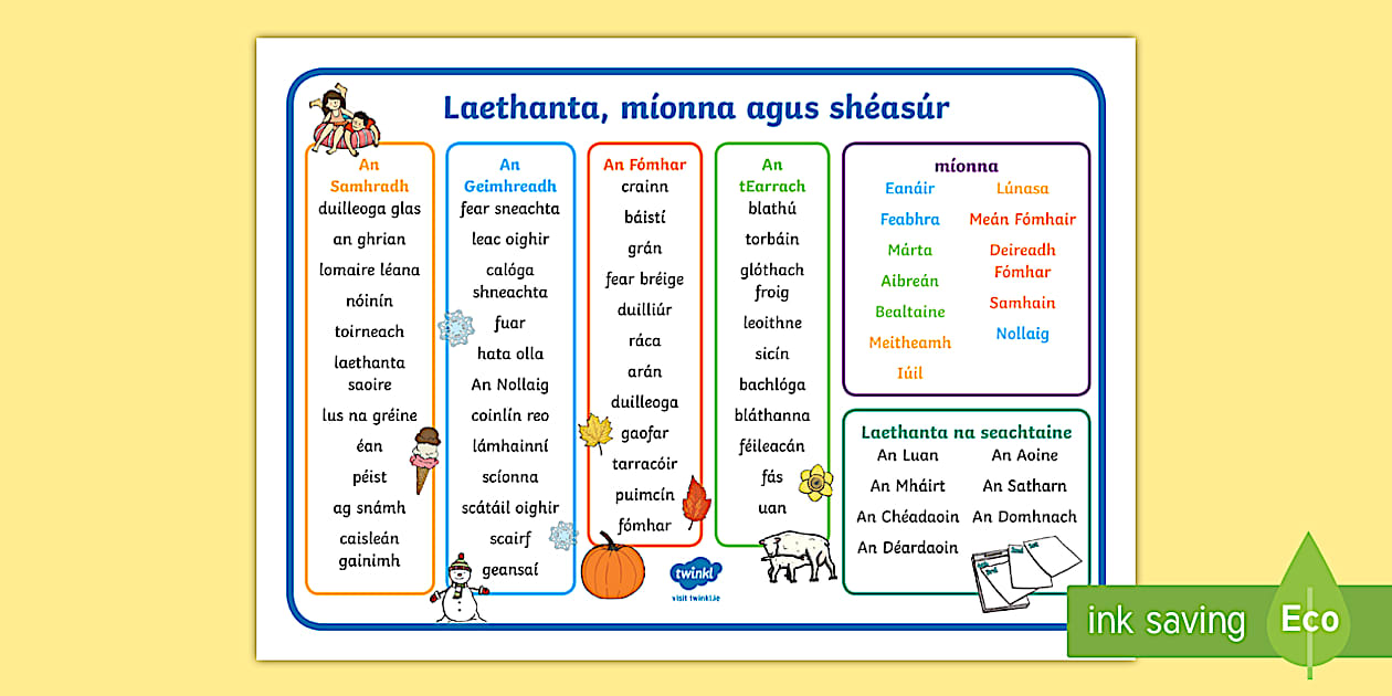 Laethanta, mata mí agus séasúir focal Gaeilge - Twinkl