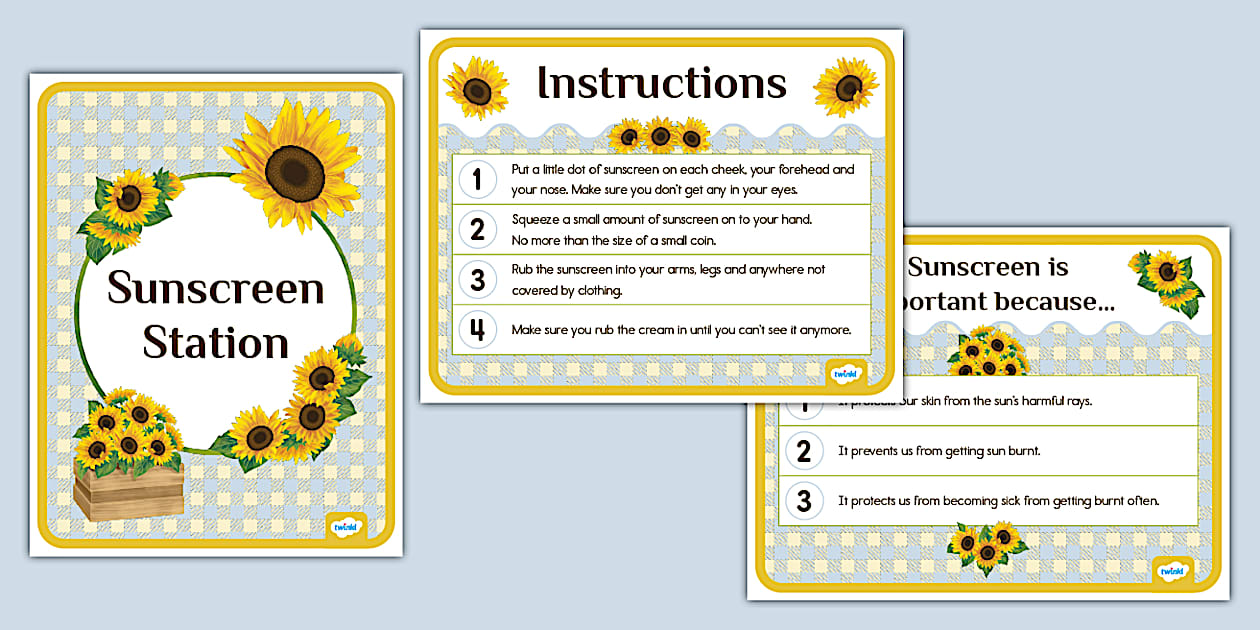 Sunflower-Themed Sunscreen Station Display Posters - Twinkl