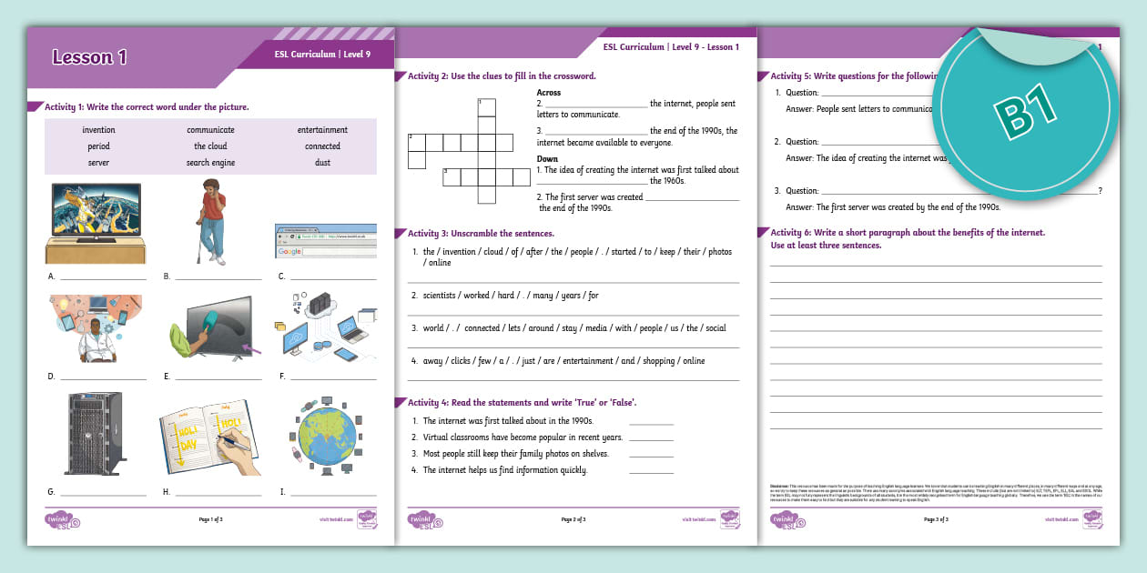 FREE! - ESL Curriculum Level 9, Lesson 1 Activity Sheet