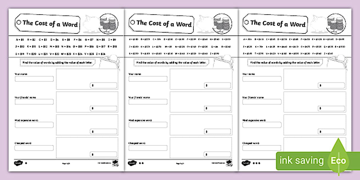 Editable The Cost of a Word - Adding Money Worksheet
