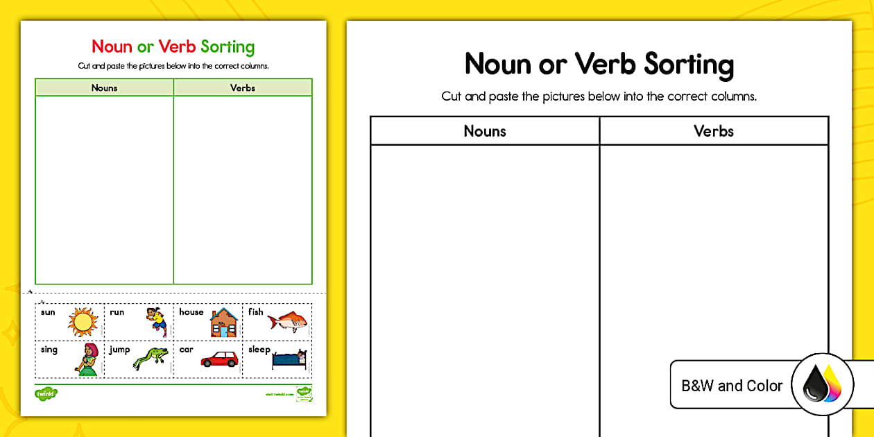 Kindergarten Noun or Verb Sorting Worksheet - Twinkl