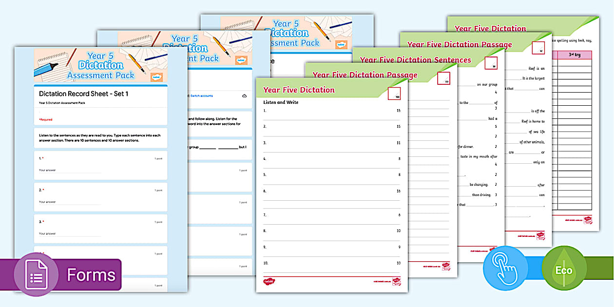Year Five Dictation Passage and Sentences Assessment Pack