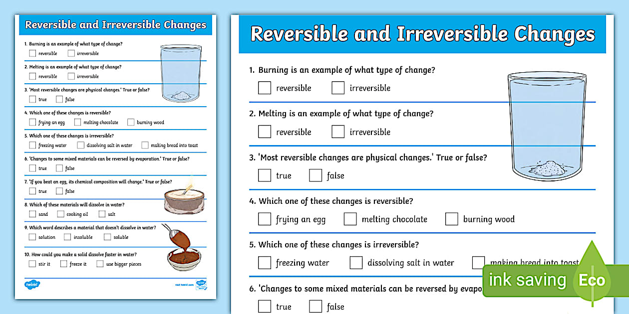 Reversible and Irreversible Changes Paper Quiz - Twinkl