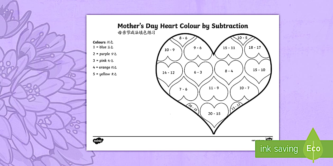 Mother's Day Heart Subtraction Colouring Page English/Mandarin-Chinese