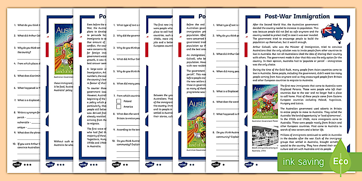 Post-War Immigration Reading Comprehension Worksheets