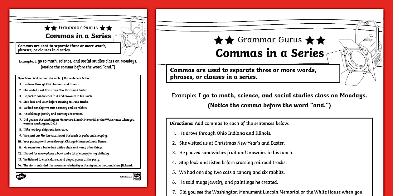 Grammar Gurus Commas in a Series Practice 6th-8th Grade