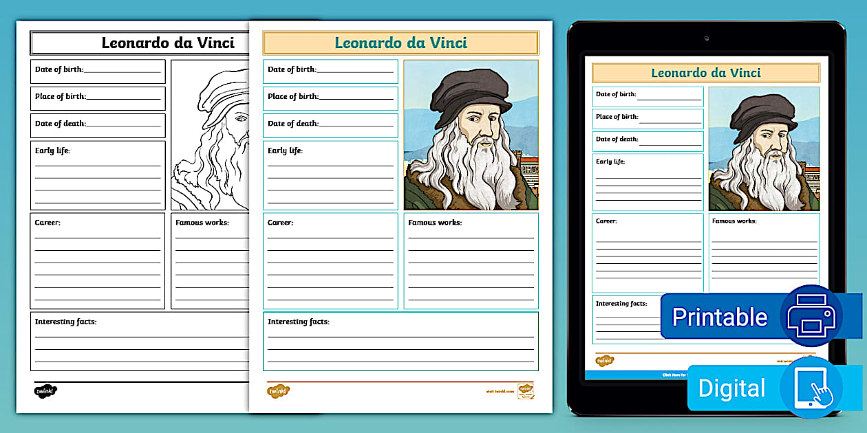 All About Leonardo da Vinci Research and Write Worksheet for 3rd-5th Grade