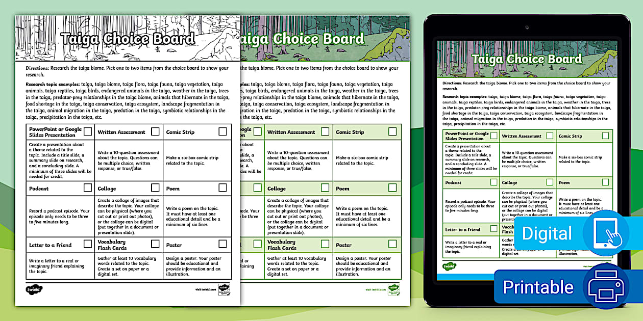 Taiga Biome Choice Board for 6th-8th Grade (teacher made)