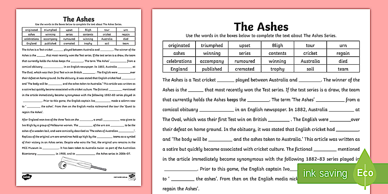The Ashes Cloze Worksheet (teacher made) - Twinkl