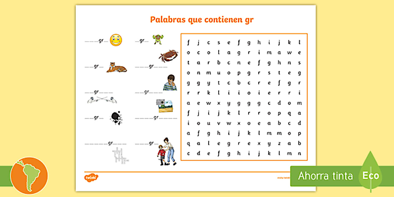 Sopa de letras: Palabras con GR- Guía de trabajo - Twinkl