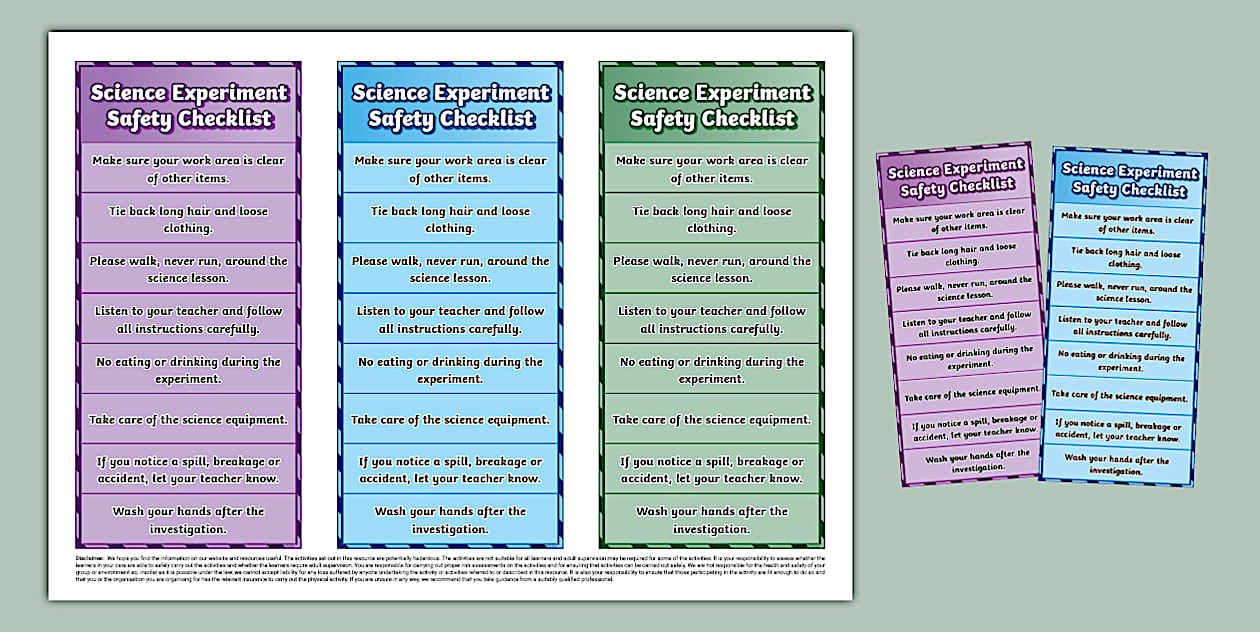 Science Experiment Safety Bookmark Checklists