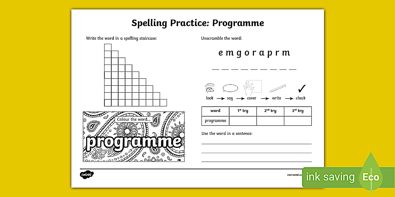 Programme Spelling Practice Worksheet (teacher made)