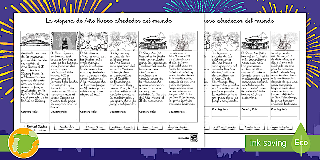 Fichas de actividad: Año Nuevo alrededor del mundo - Twinkl