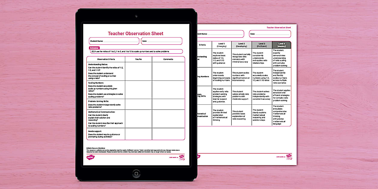 Grade 3 Introduction to Ratios Editable Observation Sheet and Rubric