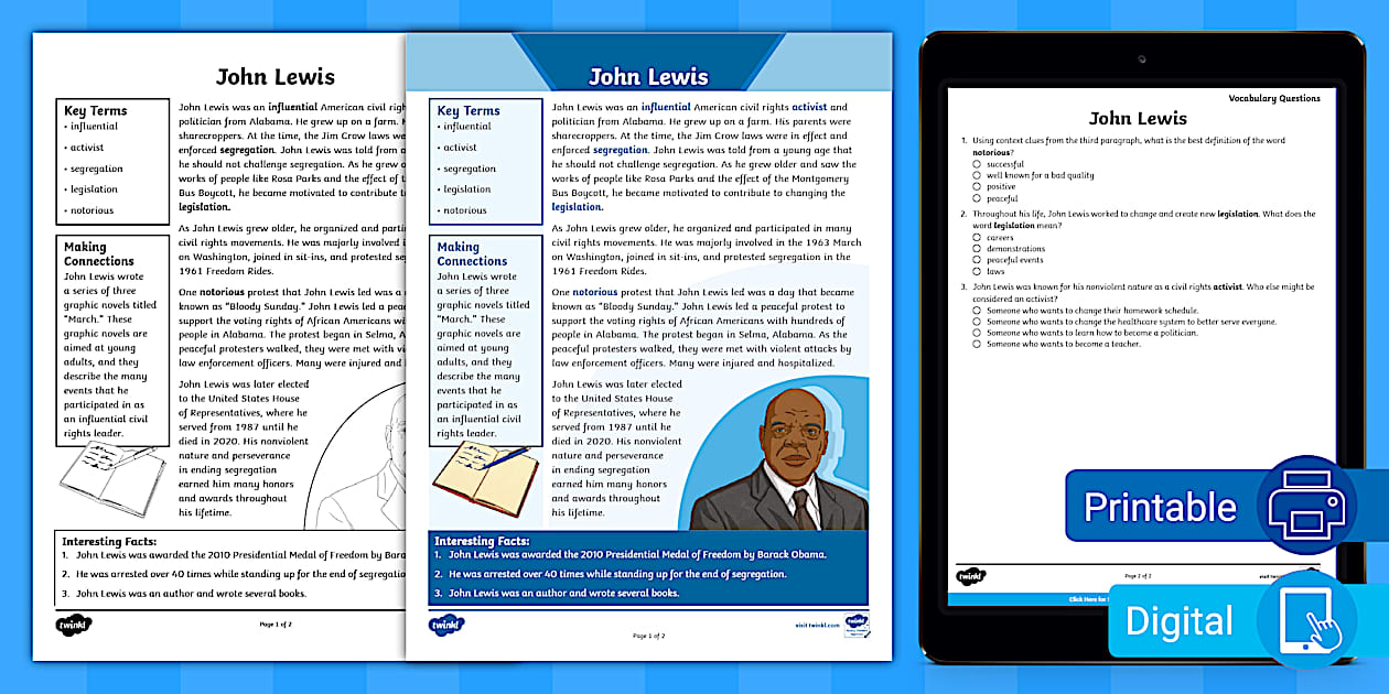Eighth Grade John Lewis Fact File and Vocabulary Questions