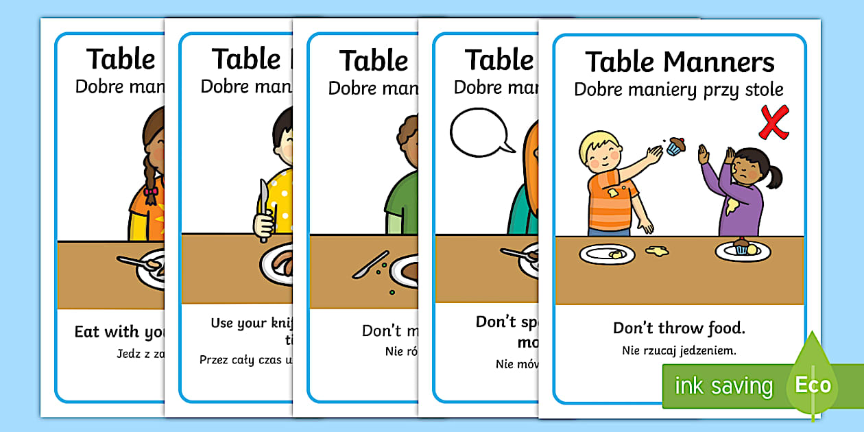 Table Manners Rules Display Posters English/Polish - Twinkl