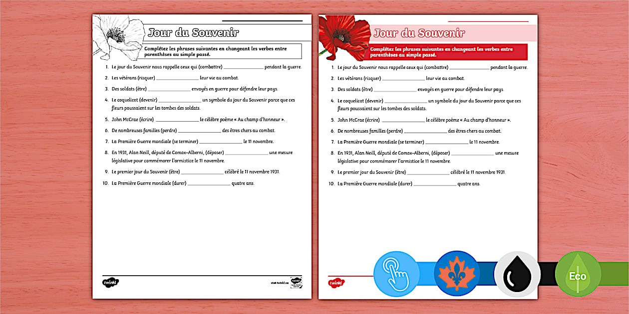 Remembrance Day Passé Composé Worksheet French - Twinkl