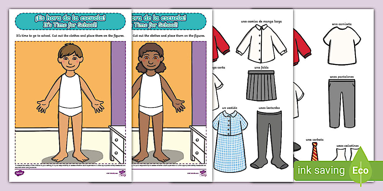 👉 Spanish: Getting Dressed for School Cut and Stick Activity