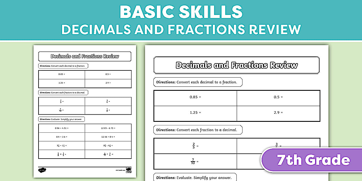 Math Basic Skills Decimals and Fractions Review Worksheet