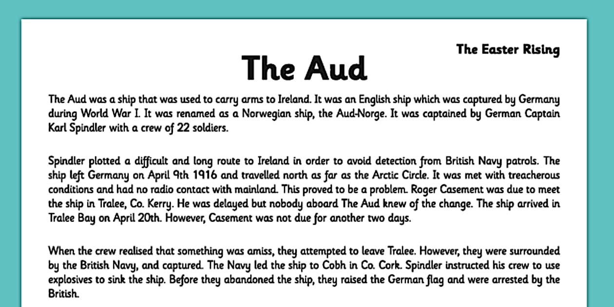 Irish History 1916 Rising The Aud Reading Comprehension Worksheet ...