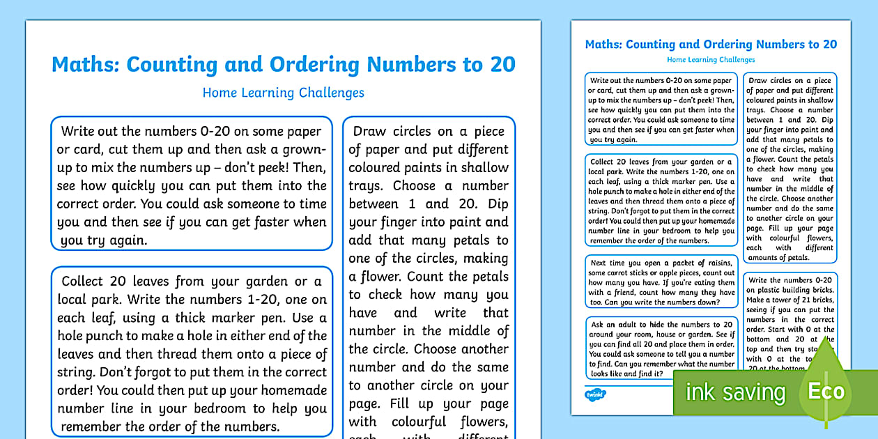 EYFS Maths: Counting and Ordering Numbers to 20 Home Learning Challenges