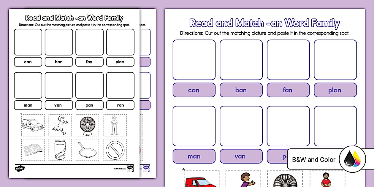 Read and Match -an Word Family Activity Worksheet - Twinkl