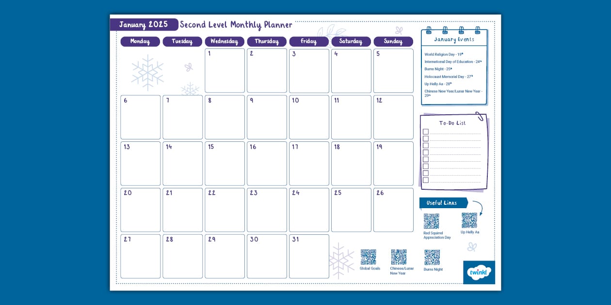 January Second Level Teacher A3 Doodle Month to View Planner