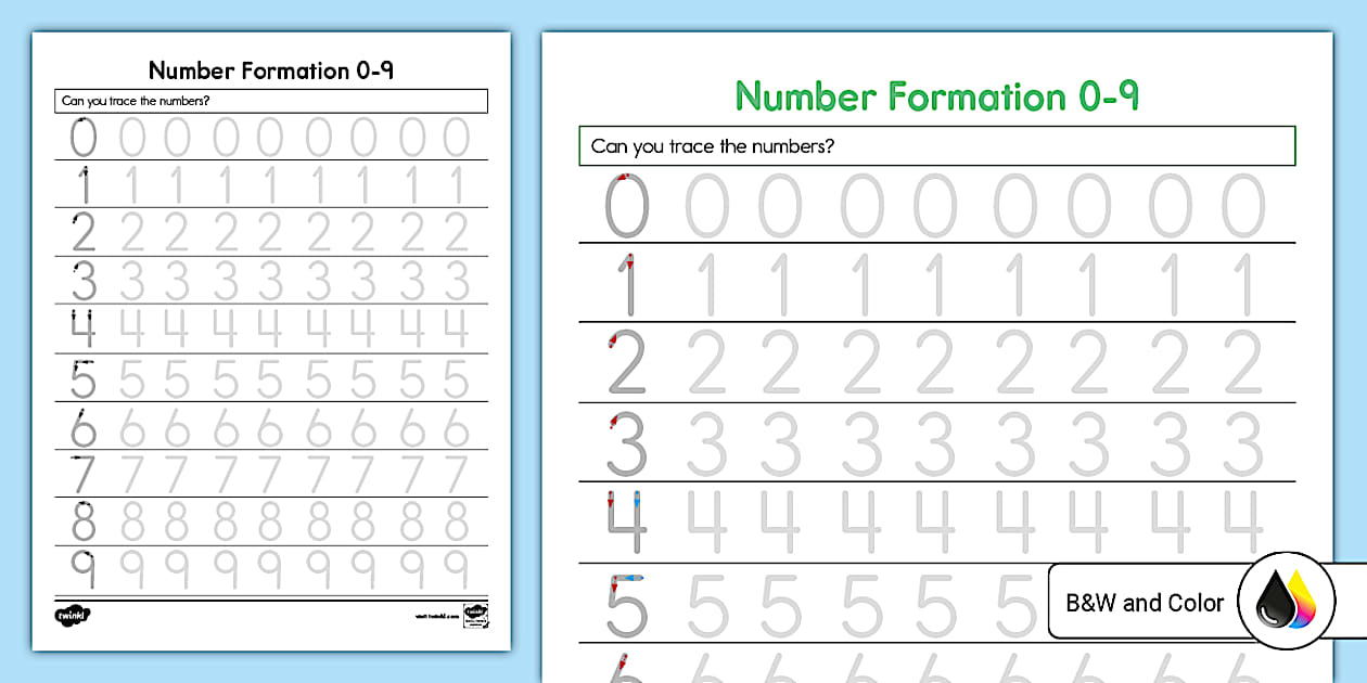 Number Formation 0-9 Tracing Worksheet for PreK-K - Twinkl