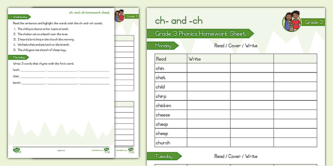 Grade 3 Phonics ch-, -ch Homework Sheet