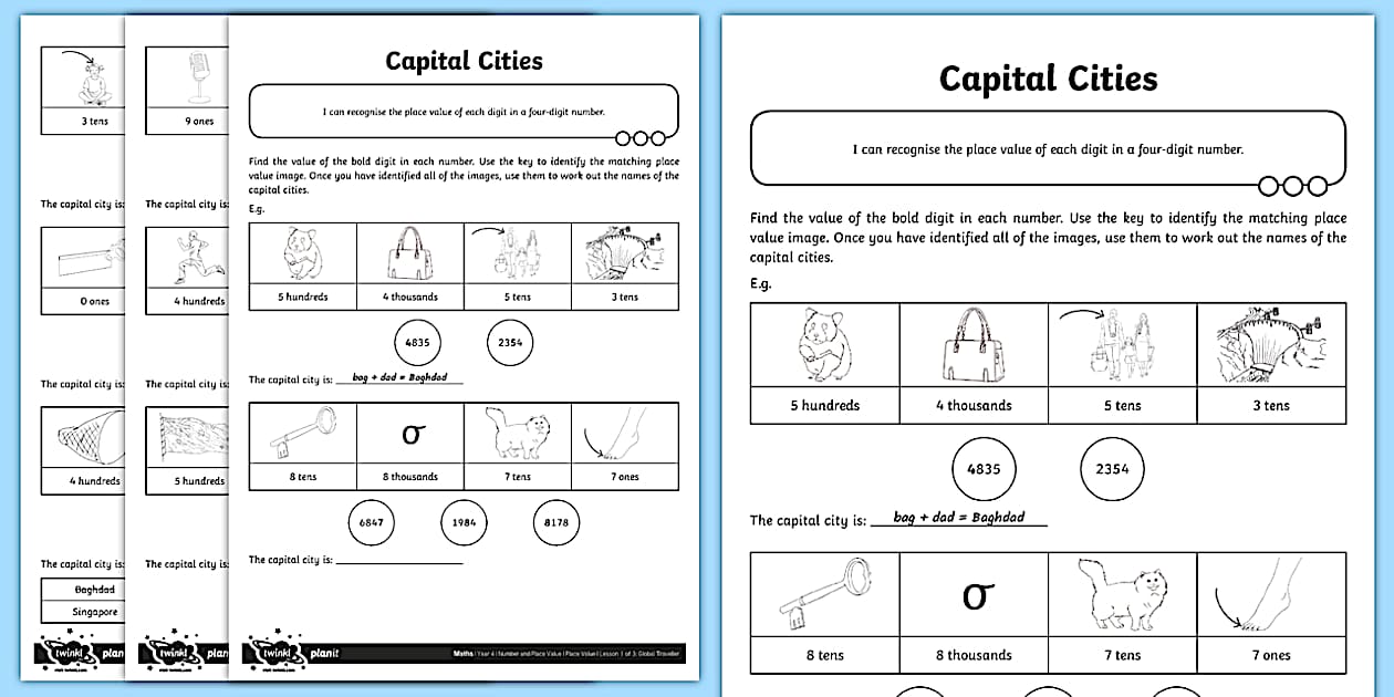 Place Value Four-Digit Numbers Capital Cities Worksheet / Worksheet