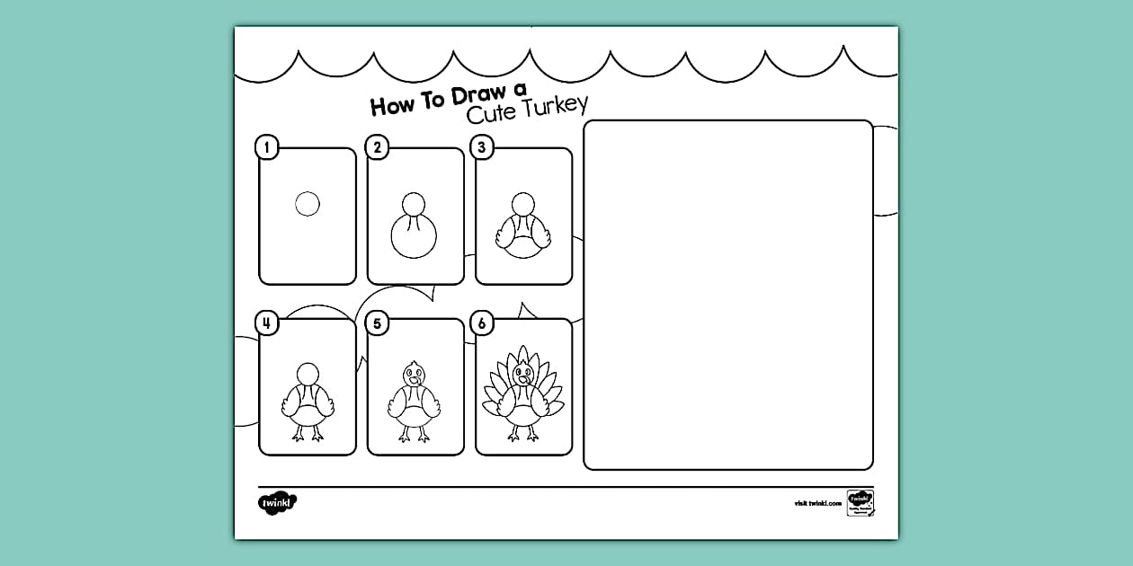How To Draw a Cute Turkey Worksheet (teacher made) - Twinkl