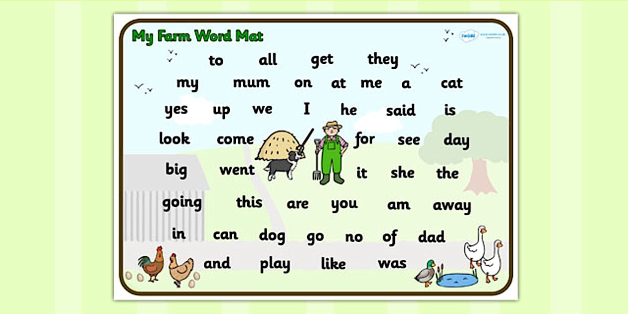 Cursive Farm Themed Foundation Stage 2 Word Mat - Twinkl