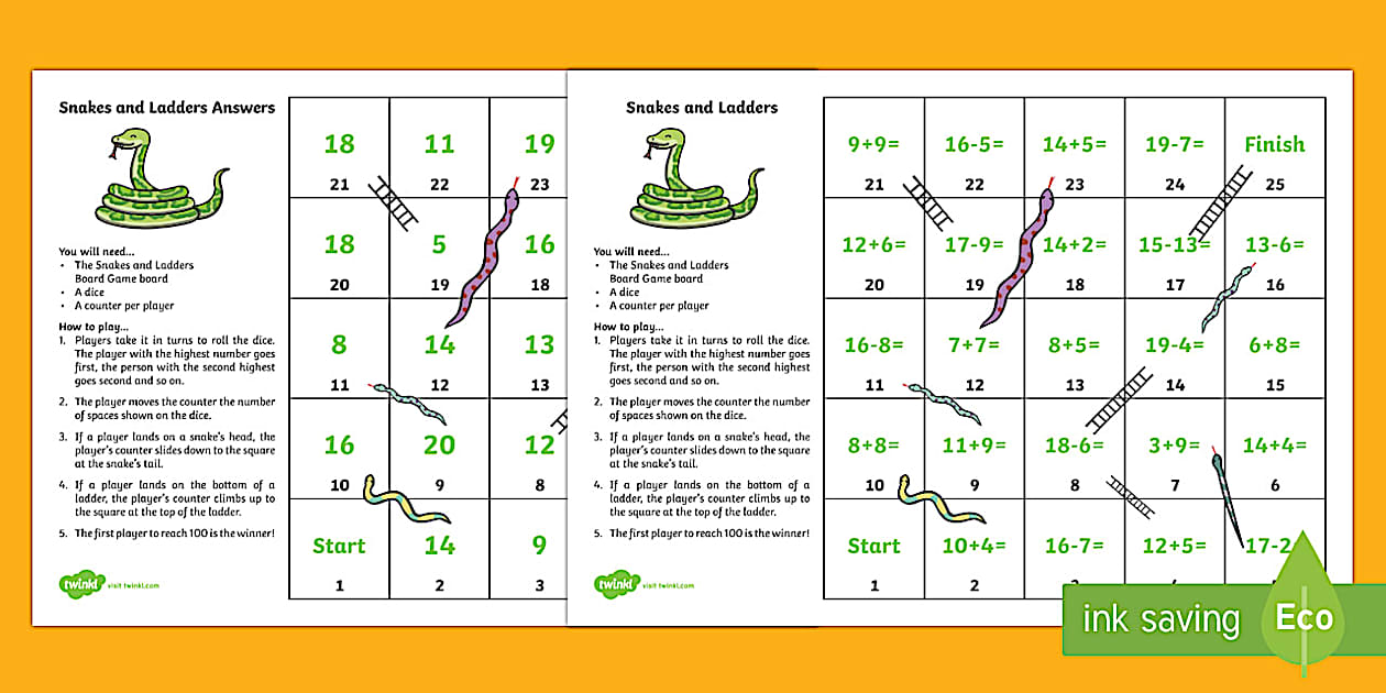 Editable Snakes and Ladders Addition and Subtraction up to 20 Board Game