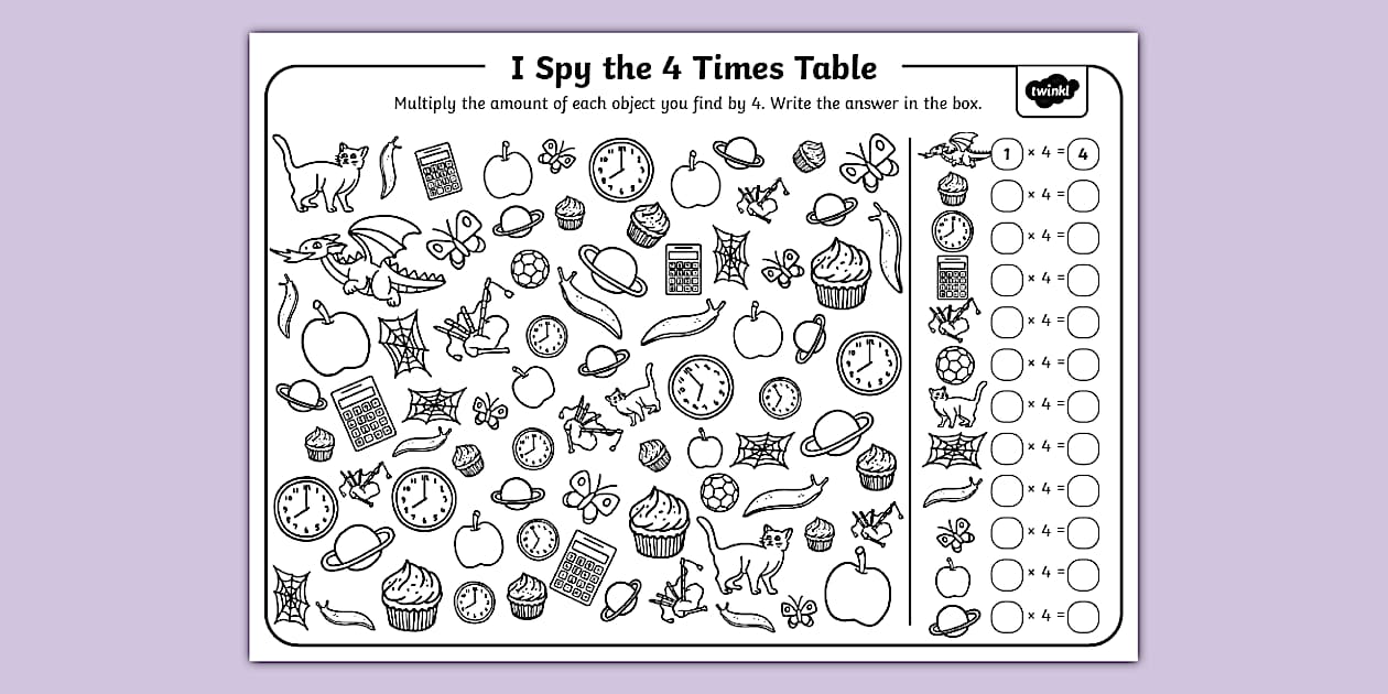 I Spy the 4 Times Tables Activity Sheet - Twinkl