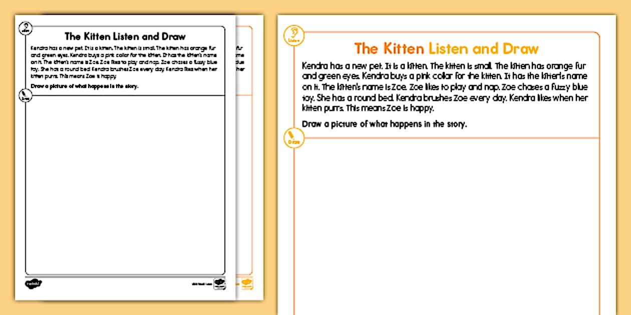 Pre-K Reading Passage The Kitten Listen and Draw Worksheet