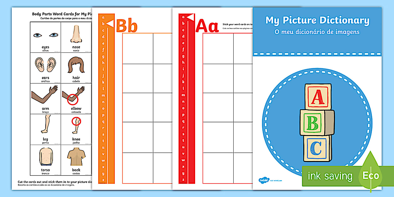 Picture Dictionary Body Parts Word Cards Pack English/Portuguese