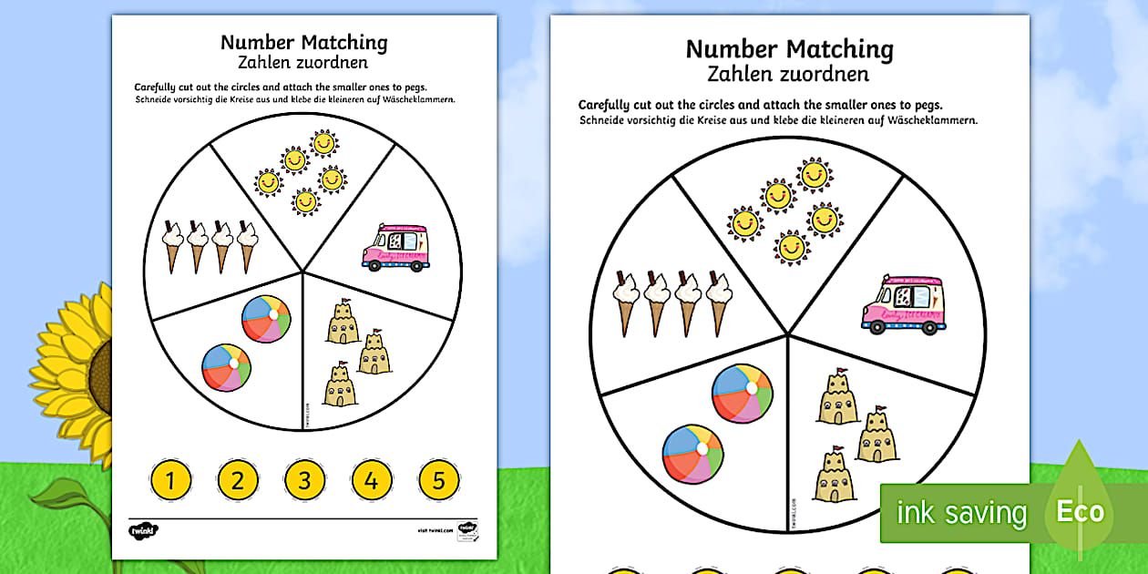 Number Matching Pegs Summer Themed Activity English/German