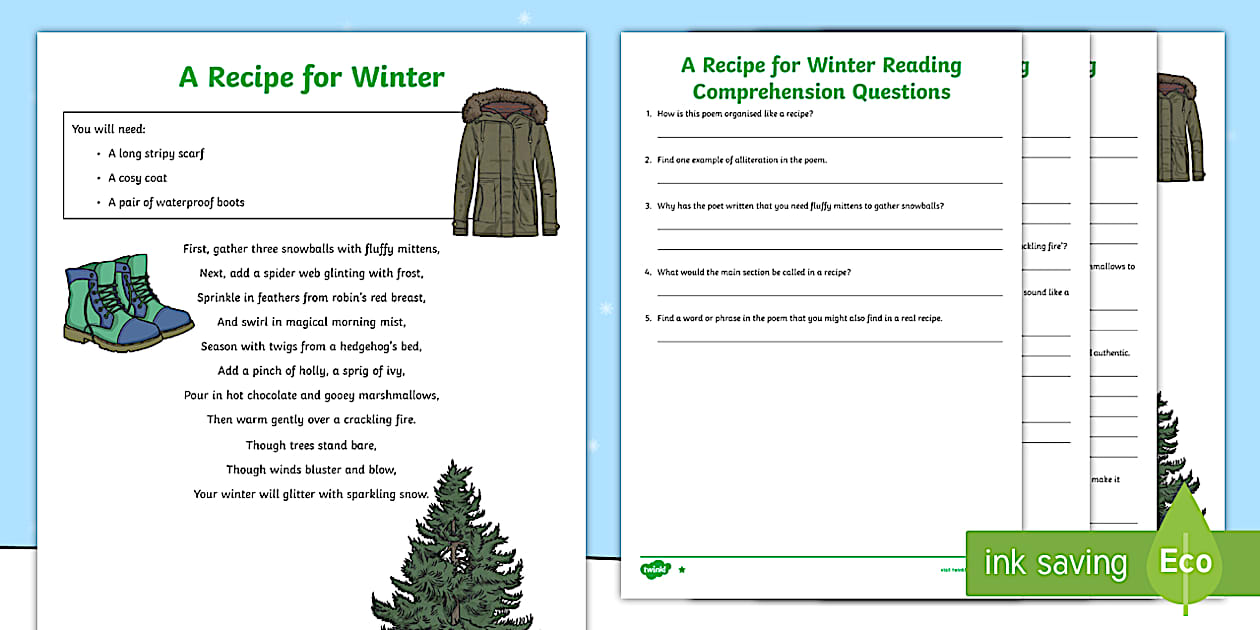 Black and White KS2 A Recipe for Winter Poem Differentiated Worksheet