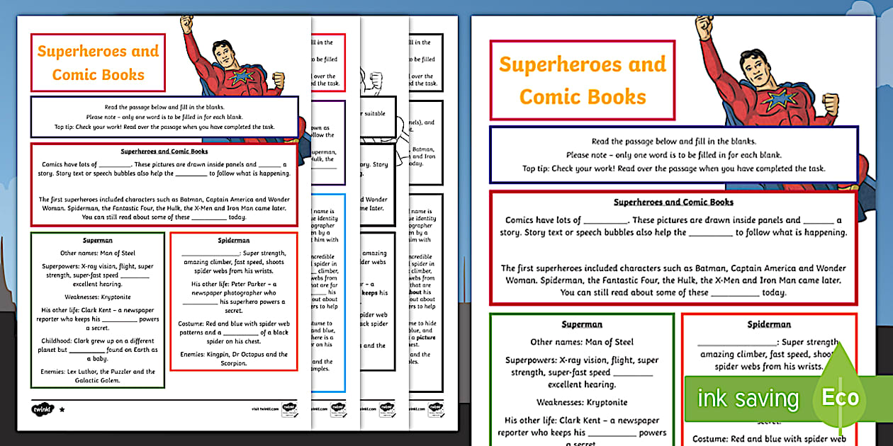 Comic Book Superheroes Differentiated Cloze Worksheet / Worksheets