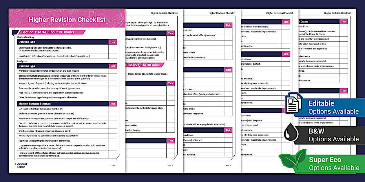 Higher English Revision Checklist (teacher made) - Twinkl