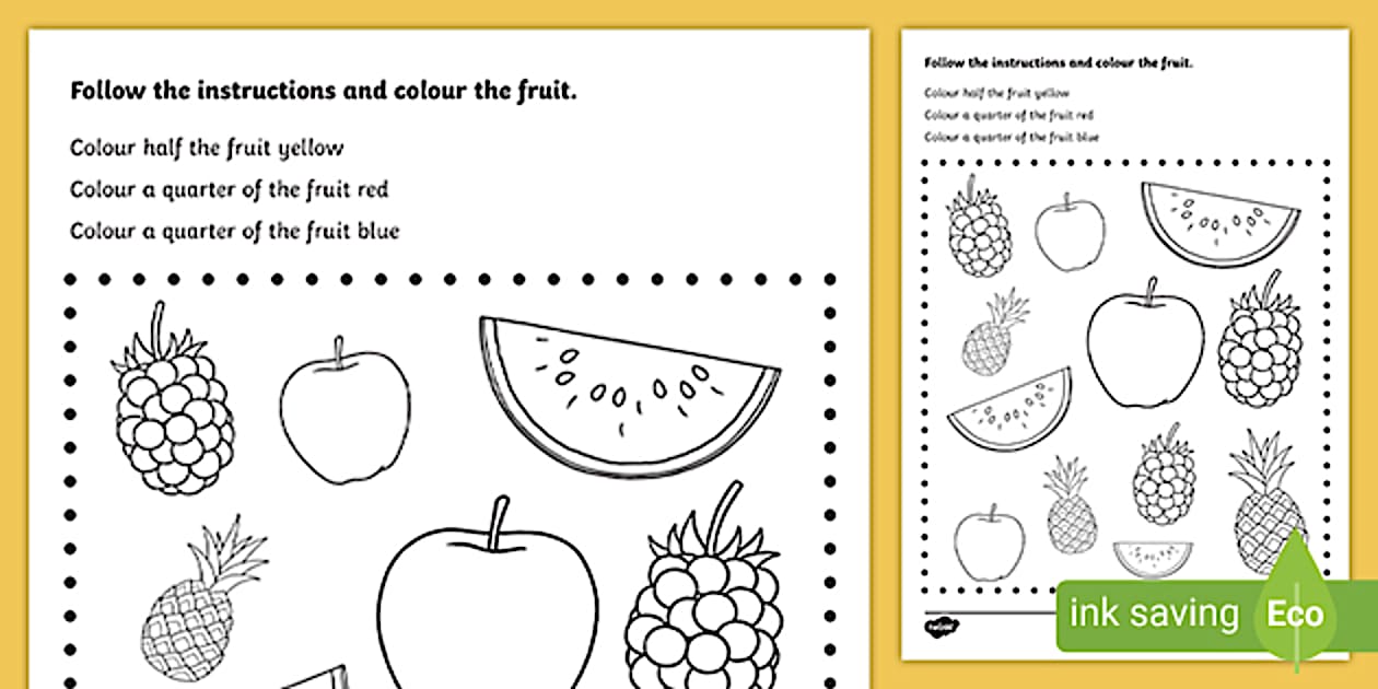 Fractions Halves and Quarters Fruit Colouring Sheet - Twinkl