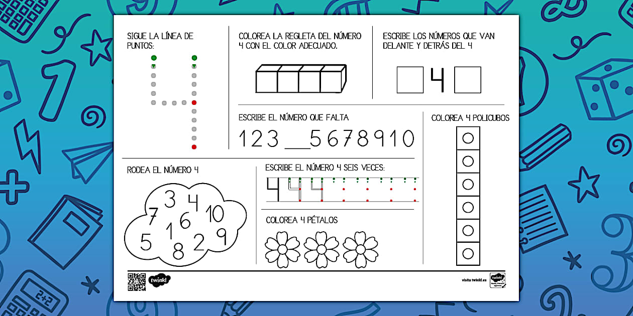 Ficha de grafomotricidad del número 4
