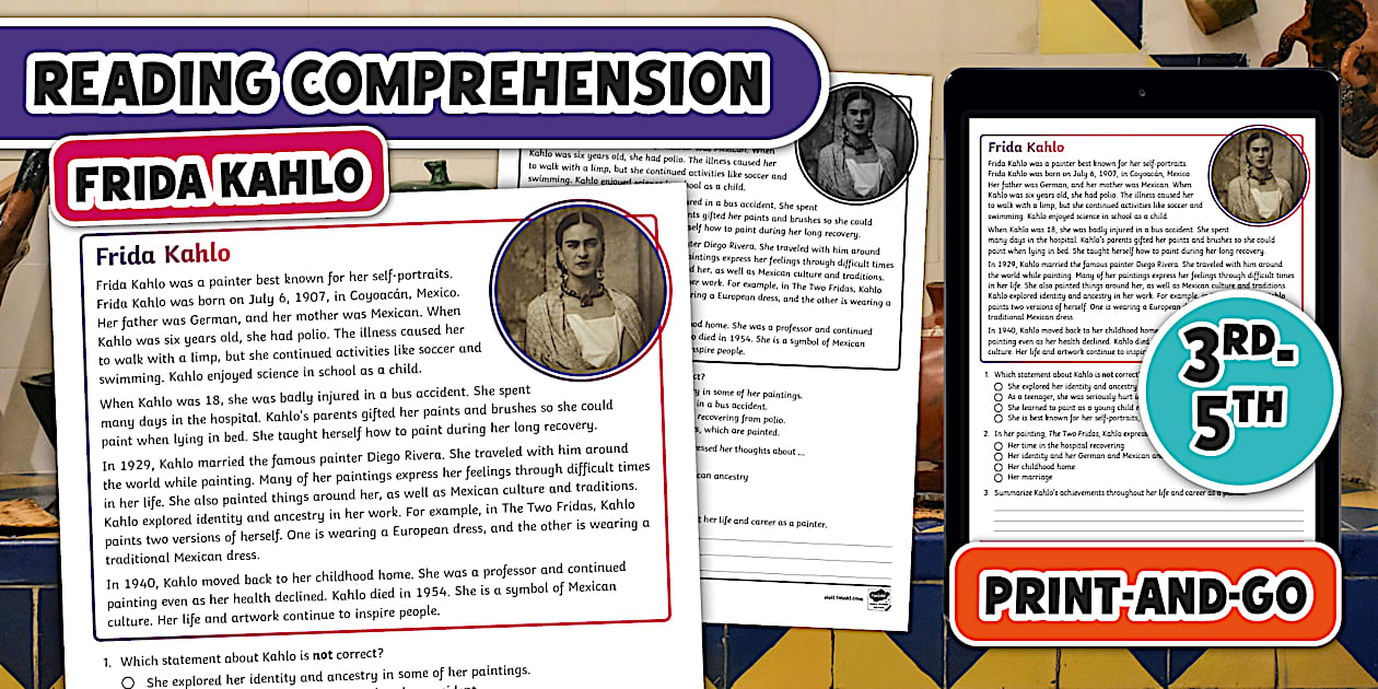 Frida Kahlo Reading Comprehension Worksheet for 3rd-5th