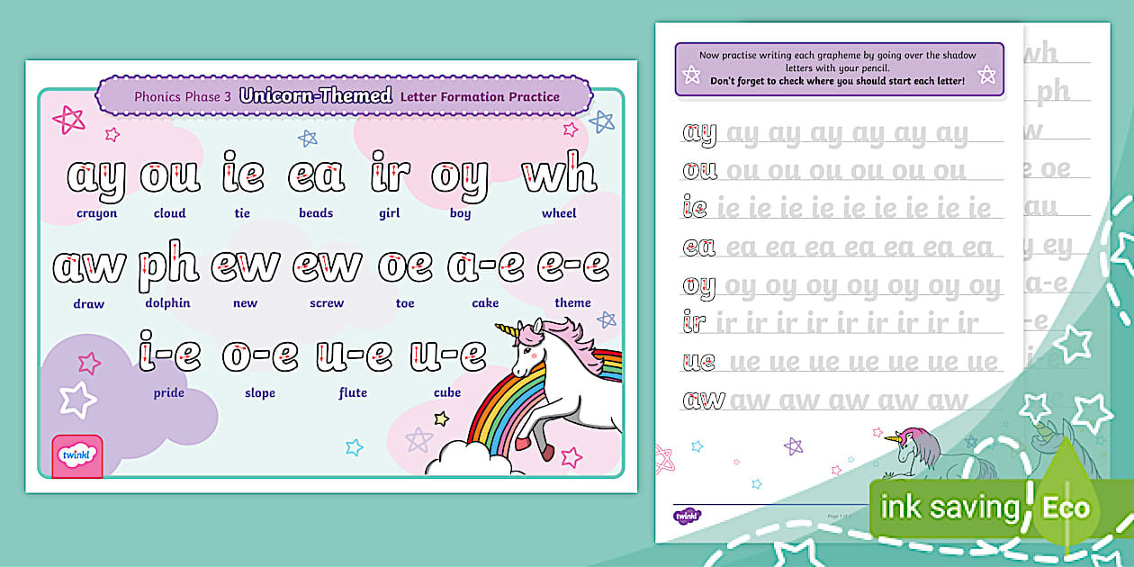 Phonics Phase 5 Unicorn-Themed Letter Formation Practice