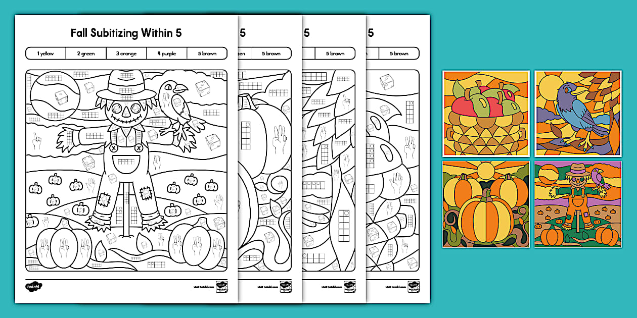 Fall Subitizing Within 5 Color by Number Worksheet - Twinkl